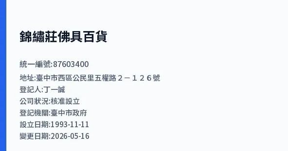 錦繡莊佛具百貨的照片-統編 87603400(臺中市) 公司登記資料與營業項目詳細圖表