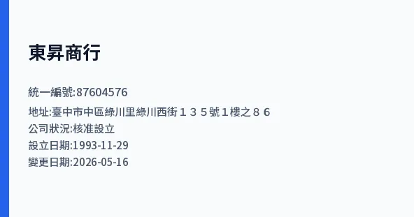 東昇商行的照片-統編 87604576(臺中市) 公司登記資料與營業項目詳細圖表