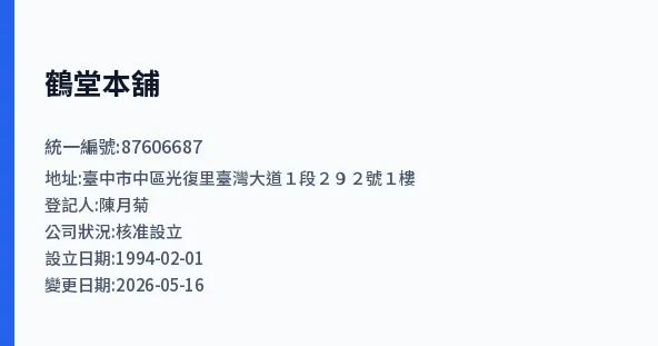 鶴堂本舖的照片-統編 87606687(臺中市) 公司登記資料與營業項目詳細圖表