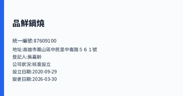 品鮮鍋燒的照片-統編 87609100(高雄市) 公司登記資料與營業項目詳細圖表