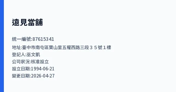 遠見當舖的照片-統編 87615341(臺中市) 公司登記資料與營業項目詳細圖表