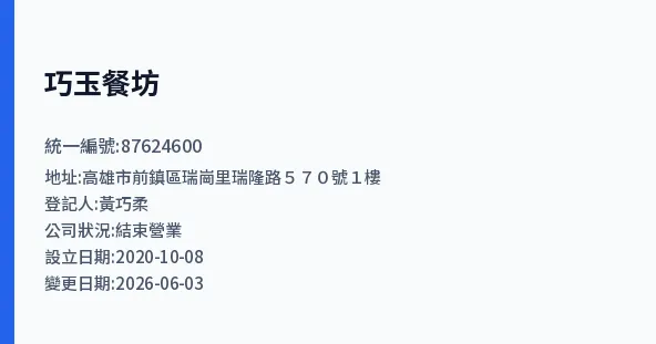 巧玉餐坊的照片-統編 87624600(高雄市) 公司登記資料與營業項目詳細圖表