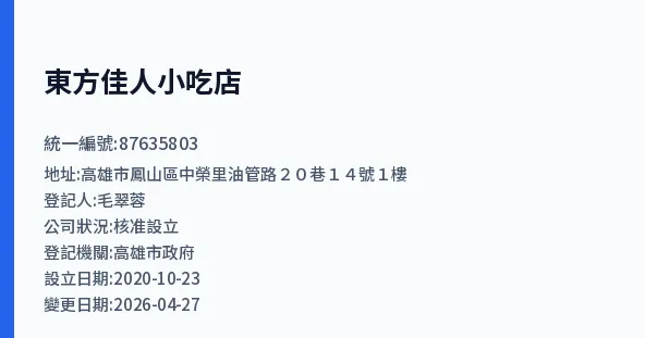 東方佳人小吃店的照片-統編 87635803(高雄市) 公司登記資料與營業項目詳細圖表