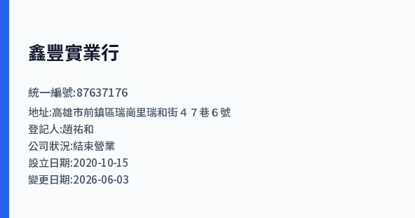 鑫豐實業行的照片-統編 87637176(高雄市) 公司登記資料與營業項目詳細圖表