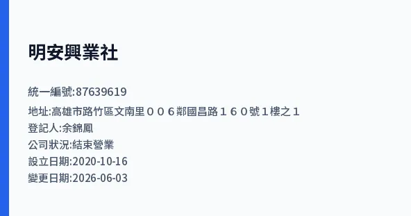 明安興業社的照片-統編 87639619(高雄市) 公司登記資料與營業項目詳細圖表