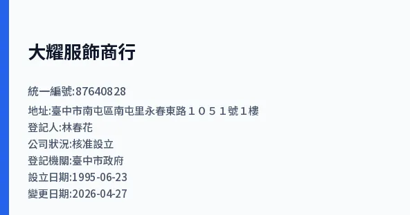 大耀服飾商行的照片-統編 87640828(臺中市) 公司登記資料與營業項目詳細圖表