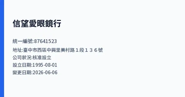 信望愛眼鏡行的照片-統編 87641523(臺中市) 公司登記資料與營業項目詳細圖表