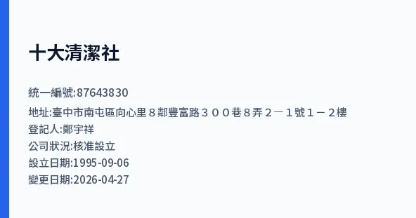 十大清潔社的照片-統編 87643830(臺中市) 公司登記資料與營業項目詳細圖表