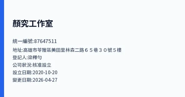 顏究工作室的照片-統編 87647511(高雄市) 公司登記資料與營業項目詳細圖表
