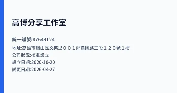 高博分享工作室的照片-統編 87649124(高雄市) 公司登記資料與營業項目詳細圖表