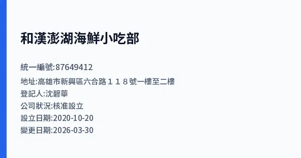 和漢澎湖海鮮小吃部的照片-統編 87649412(高雄市) 公司登記資料與營業項目詳細圖表