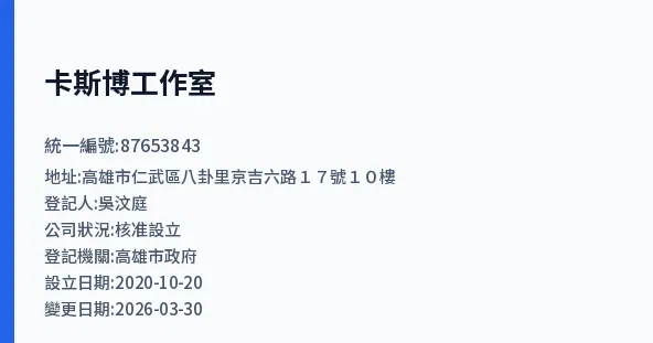 卡斯博工作室的照片-統編 87653843(高雄市) 公司登記資料與營業項目詳細圖表