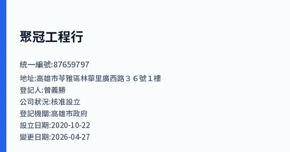 聚冠工程行的照片-統編 87659797(高雄市) 公司登記資料與營業項目詳細圖表