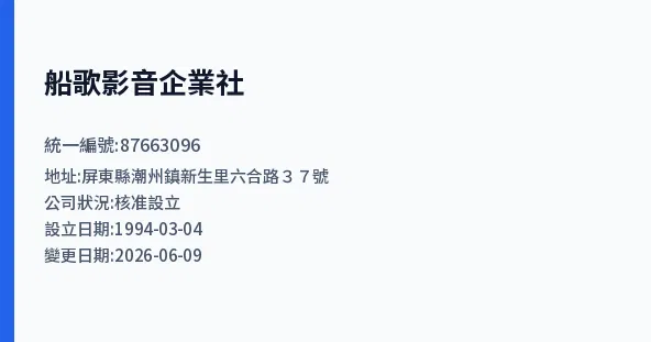 船歌影音企業社的照片-統編 87663096(屏東縣) 公司登記資料與營業項目詳細圖表