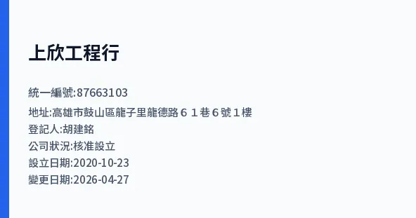上欣工程行的照片-統編 87663103(高雄市) 公司登記資料與營業項目詳細圖表