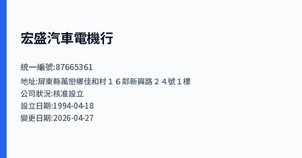 宏盛汽車電機行的照片-統編 87665361(屏東縣) 公司登記資料與營業項目詳細圖表