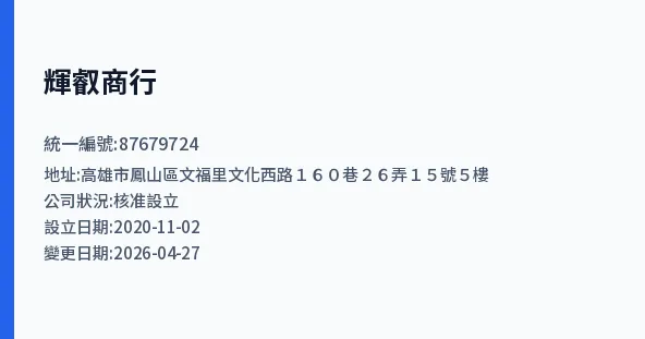 輝叡商行的照片-統編 87679724(高雄市) 公司登記資料與營業項目詳細圖表