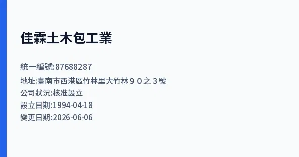 佳霖土木包工業的照片-統編 87688287(臺南市) 公司登記資料與營業項目詳細圖表