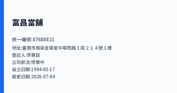 富昌當舖的照片-統編 87688821(臺南市) 公司登記資料與營業項目詳細圖表