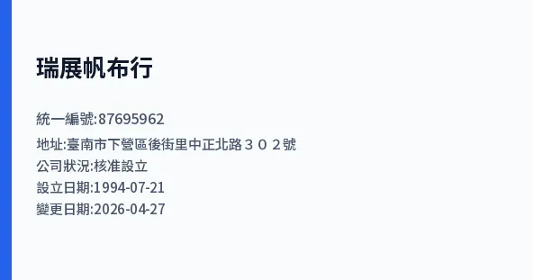 瑞展帆布行的照片-統編 87695962(臺南市) 公司登記資料與營業項目詳細圖表