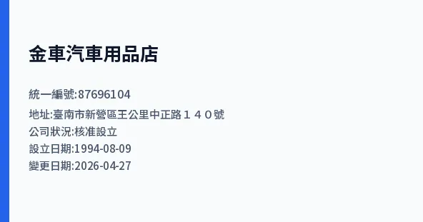 金車汽車用品店的照片-統編 87696104(臺南市) 公司登記資料與營業項目詳細圖表