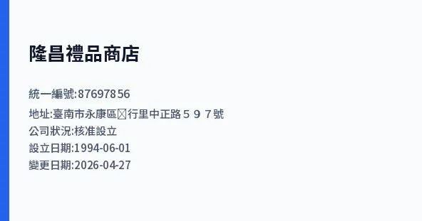 隆昌禮品商店的照片-統編 87697856(臺南市) 公司登記資料與營業項目詳細圖表