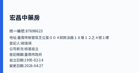 宏昌中藥房的照片-統編 87698623(臺南市) 公司登記資料與營業項目詳細圖表