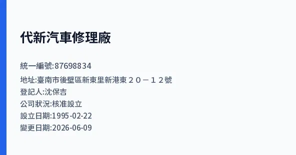 代新汽車修理廠的照片-統編 87698834(臺南市) 公司登記資料與營業項目詳細圖表
