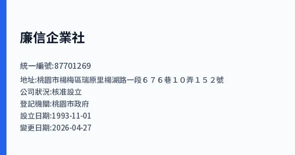廉信企業社的照片-統編 87701269(桃園市) 公司登記資料與營業項目詳細圖表