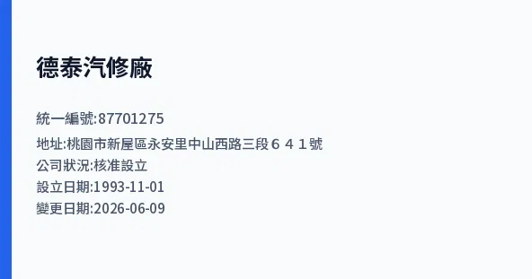 德泰汽修廠的照片-統編 87701275(桃園市) 公司登記資料與營業項目詳細圖表
