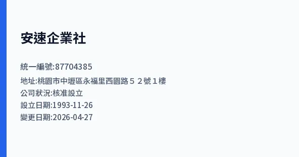 安速企業社的照片-統編 87704385(桃園市) 公司登記資料與營業項目詳細圖表