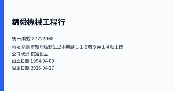 錦舜機械工程行的照片-統編 87722068(桃園市) 公司登記資料與營業項目詳細圖表