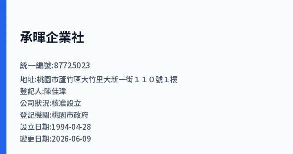 承暉企業社的照片-統編 87725023(桃園市) 公司登記資料與營業項目詳細圖表