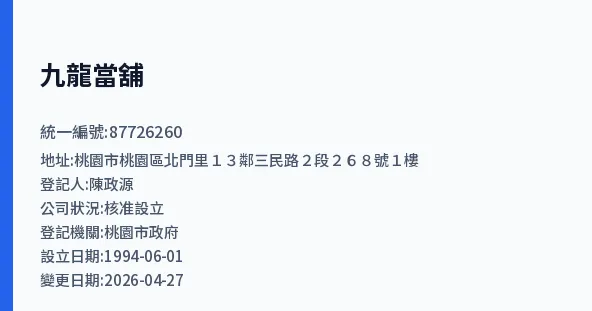 九龍當舖的照片-統編 87726260(桃園市) 公司登記資料與營業項目詳細圖表