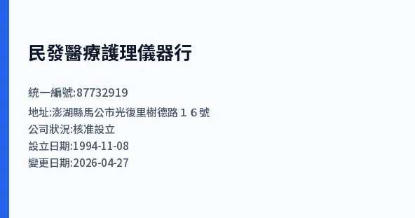 民發醫療護理儀器行的照片-統編 87732919(澎湖縣) 公司登記資料與營業項目詳細圖表