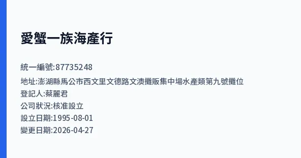 愛蟹一族海產行的照片-統編 87735248(澎湖縣) 公司登記資料與營業項目詳細圖表