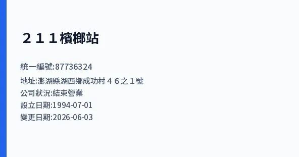 211檳榔站的照片-統編 87736324(澎湖縣) 公司登記資料與營業項目詳細圖表
