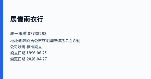 展偉雨衣行的照片-統編 87738293(澎湖縣) 公司登記資料與營業項目詳細圖表