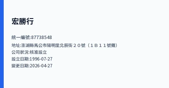 宏勝行的照片-統編 87738548(澎湖縣) 公司登記資料與營業項目詳細圖表