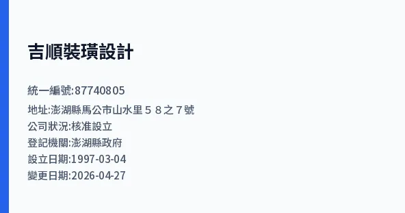 吉順裝璜設計的照片-統編 87740805(澎湖縣) 公司登記資料與營業項目詳細圖表