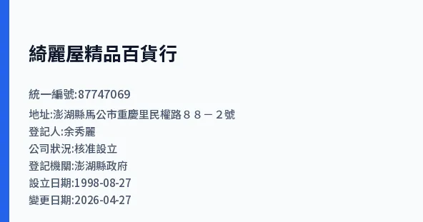 綺麗屋精品百貨行的照片-統編 87747069(澎湖縣) 公司登記資料與營業項目詳細圖表