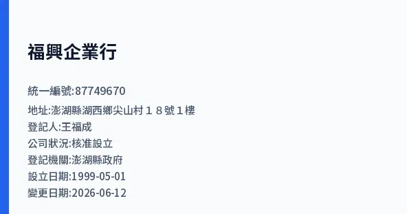 福興企業行的照片-統編 87749670(澎湖縣) 公司登記資料與營業項目詳細圖表