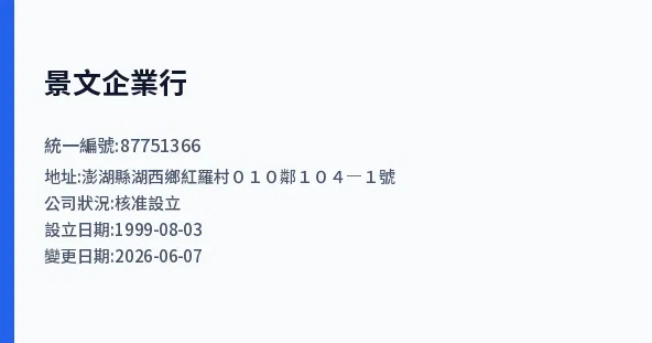 景文企業行的照片-統編 87751366(澎湖縣) 公司登記資料與營業項目詳細圖表