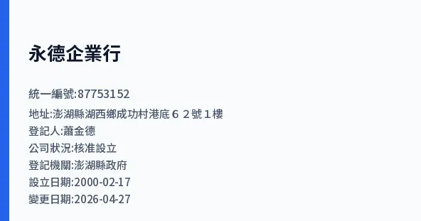 永德企業行的照片-統編 87753152(澎湖縣) 公司登記資料與營業項目詳細圖表