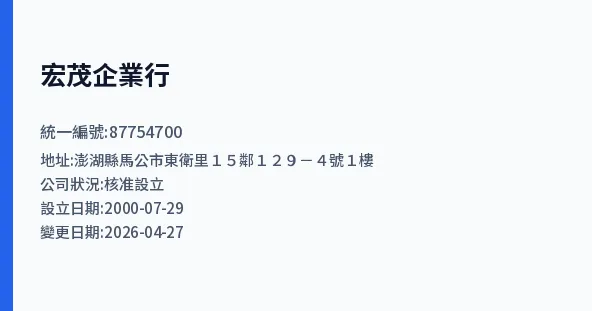 宏茂企業行的照片-統編 87754700(澎湖縣) 公司登記資料與營業項目詳細圖表