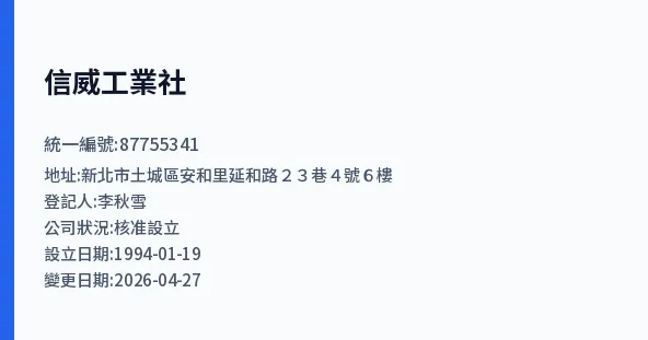 信威工業社的照片-統編 87755341(新北市) 公司登記資料與營業項目詳細圖表