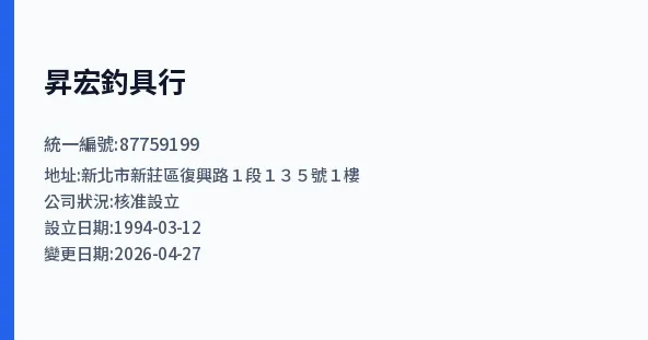 昇宏釣具行的照片-統編 87759199(新北市) 公司登記資料與營業項目詳細圖表