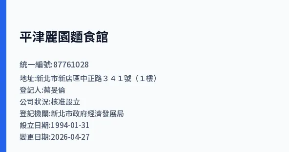 平津麗園麵食館的照片-統編 87761028(新北市) 公司登記資料與營業項目詳細圖表