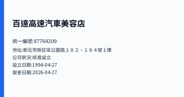 百達高速汽車美容店的照片-統編 87764209(新北市) 公司登記資料與營業項目詳細圖表