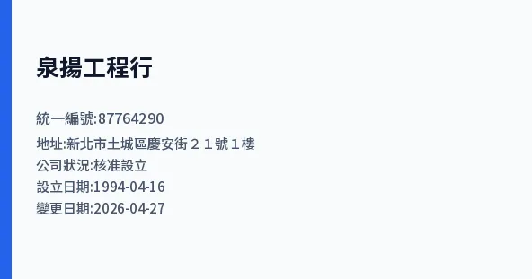 泉揚工程行的照片-統編 87764290(新北市) 公司登記資料與營業項目詳細圖表